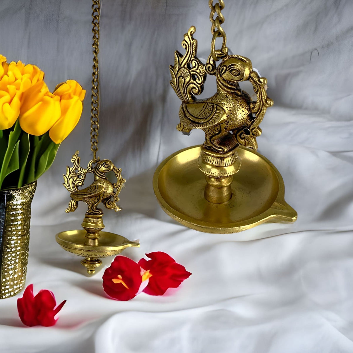 Buy brass finish peacock wall hanging diya with chain annam hanging idol oil – LoveNspire