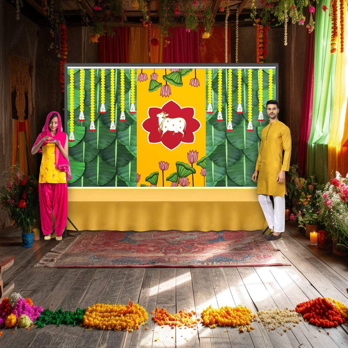 Buy cow backdrop with marigold design indian traditional...