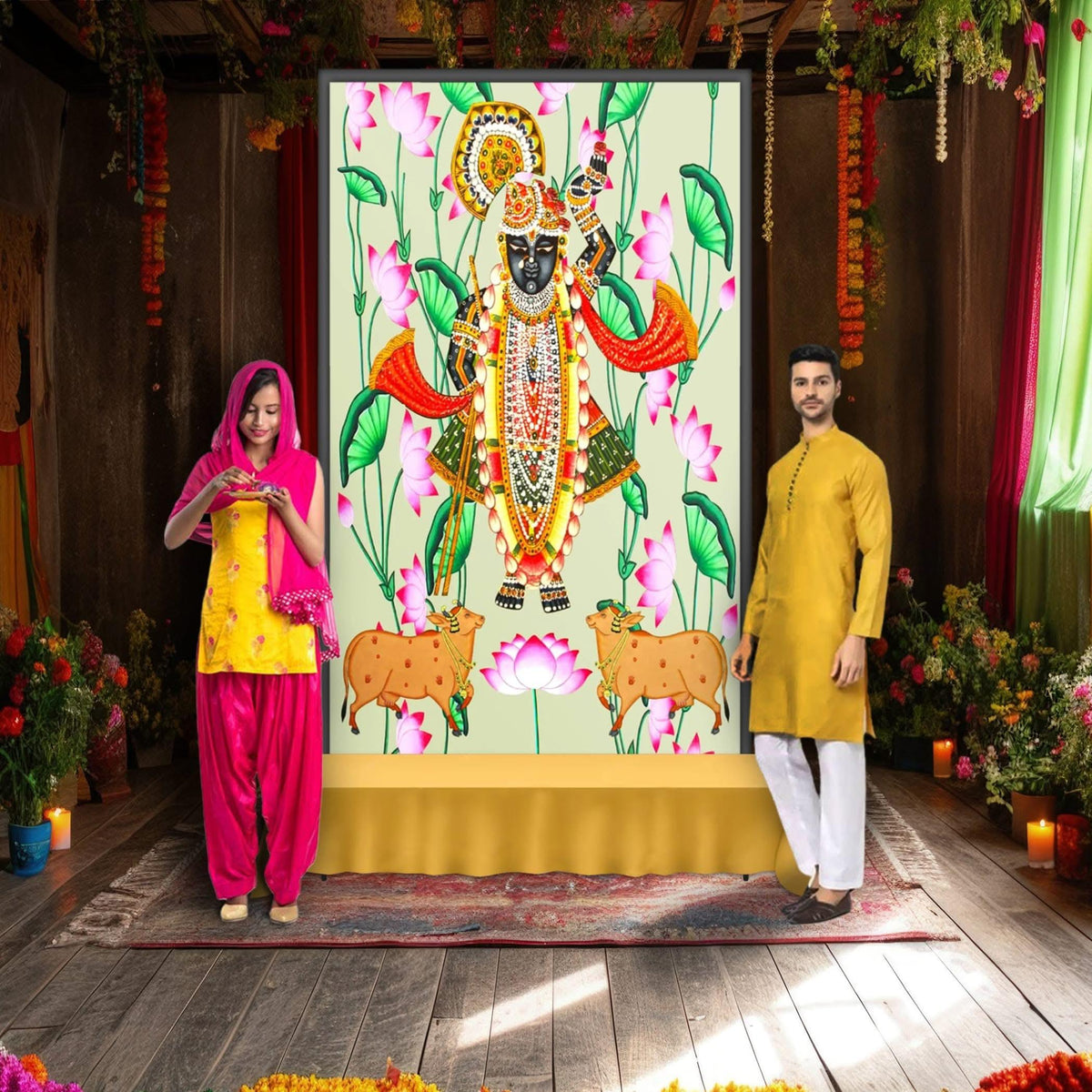 Buy krishna with cow backdrop indian traditional cloth 5x8 feet ...