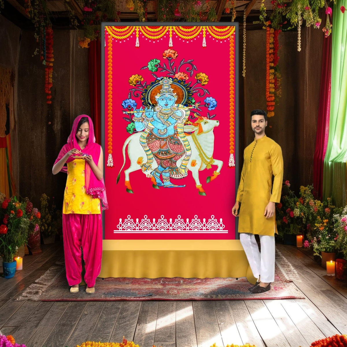 Buy krishna with cow backdrop indian traditional rani cloth 5x8 feet ...