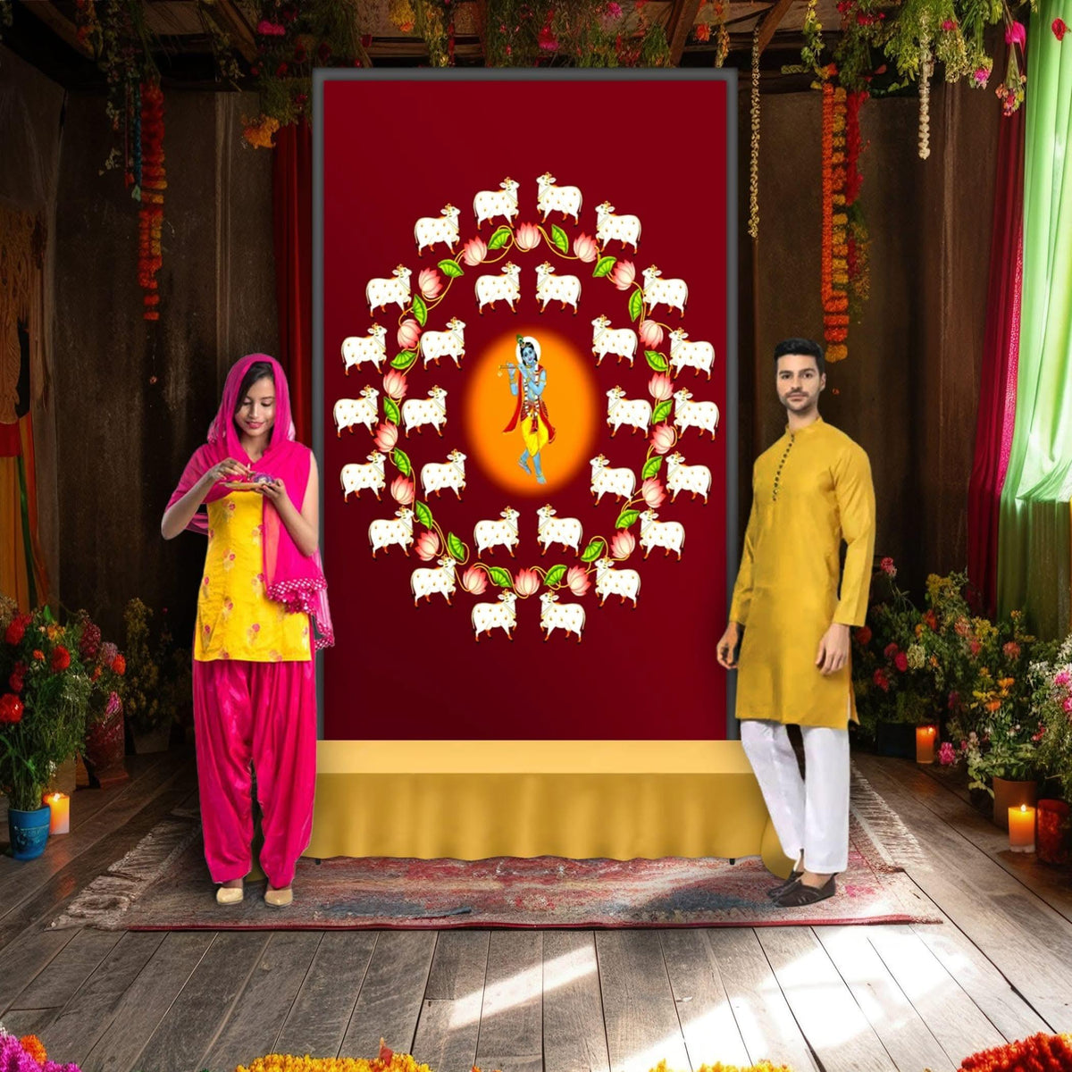 Buy lord krishna backdrop with cow indian traditional cloth pooja ...