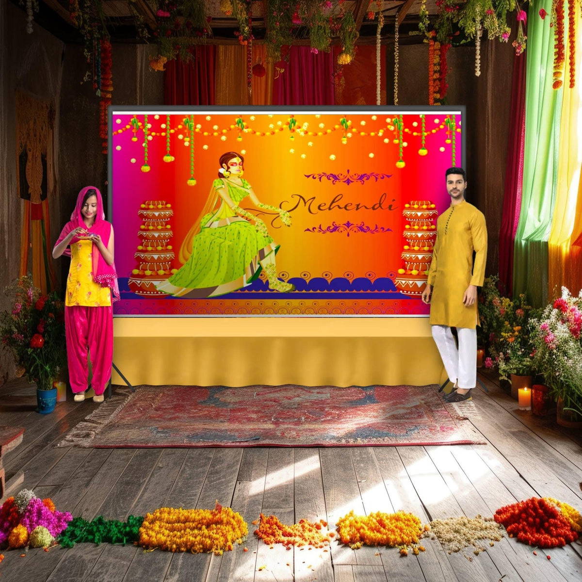 Buy mehendi ceremony backdrop indian traditional cloth 5x8 feet ...
