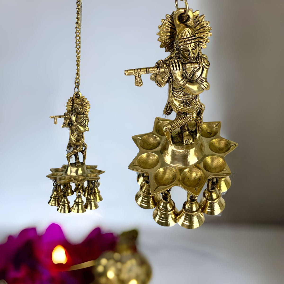 Buy brass finish krishna wall hanging diya with bells & chain krishna ...